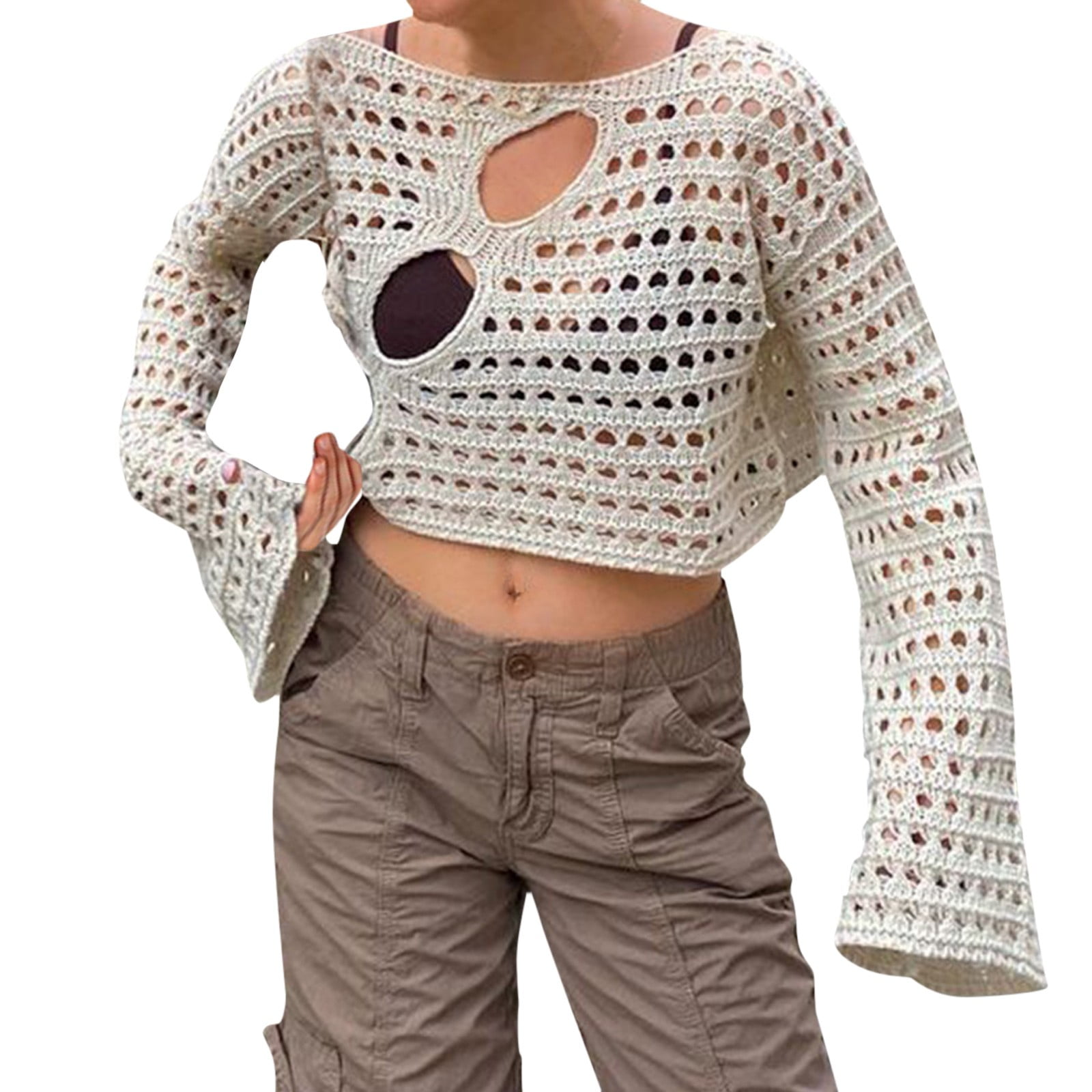 Women Hollow Out Long Sleeve Crochet Knitted Short Sexy Transparent ...