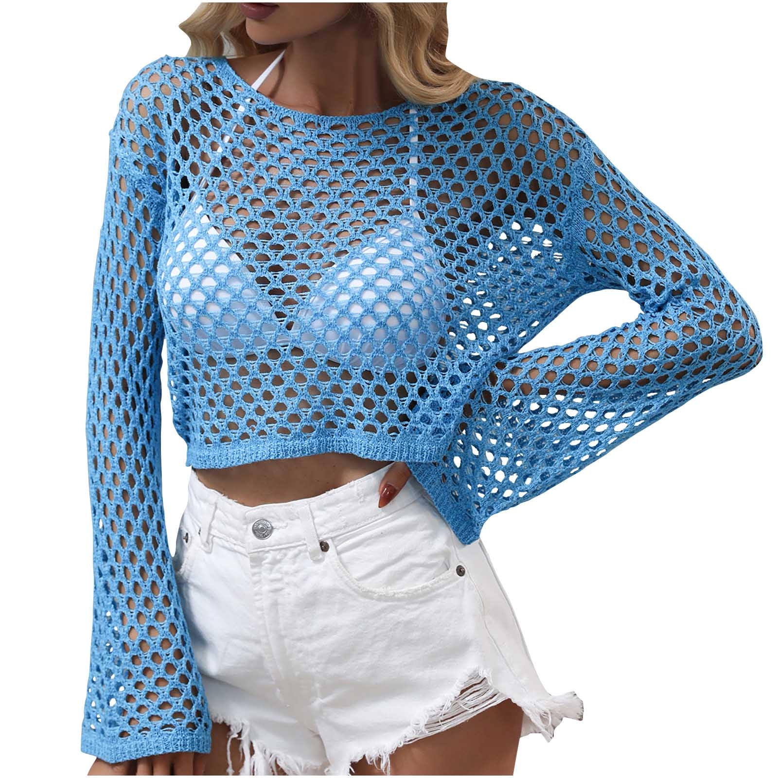 Women Hollow Out Tops Long Sleeve Crochet Knit Crop Tops Blouse See ...