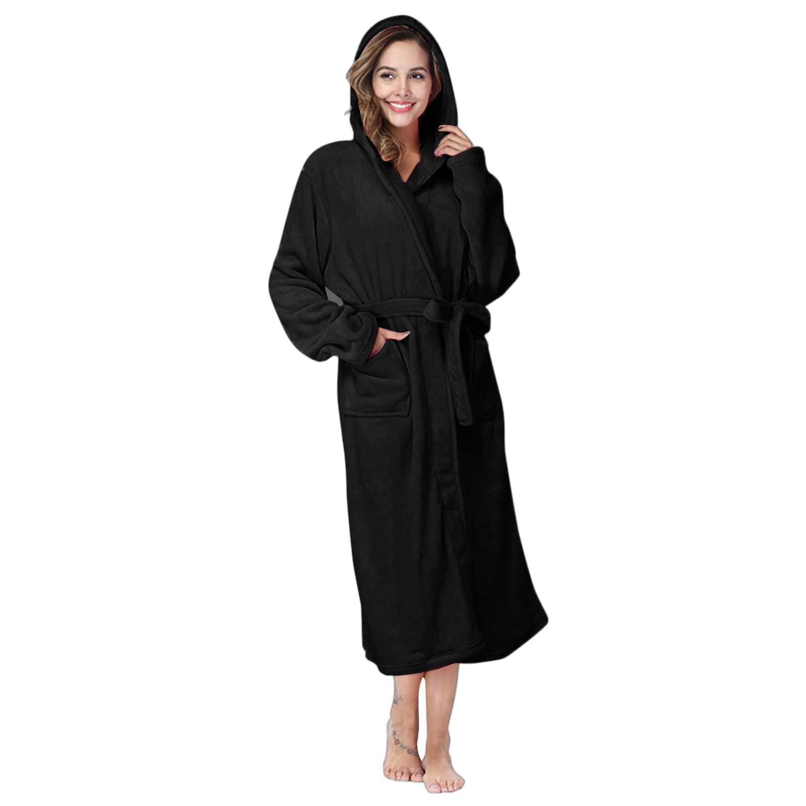 Women's Full Length Hooded Bathrobe, Lightweight Soft Plush Flannel ...