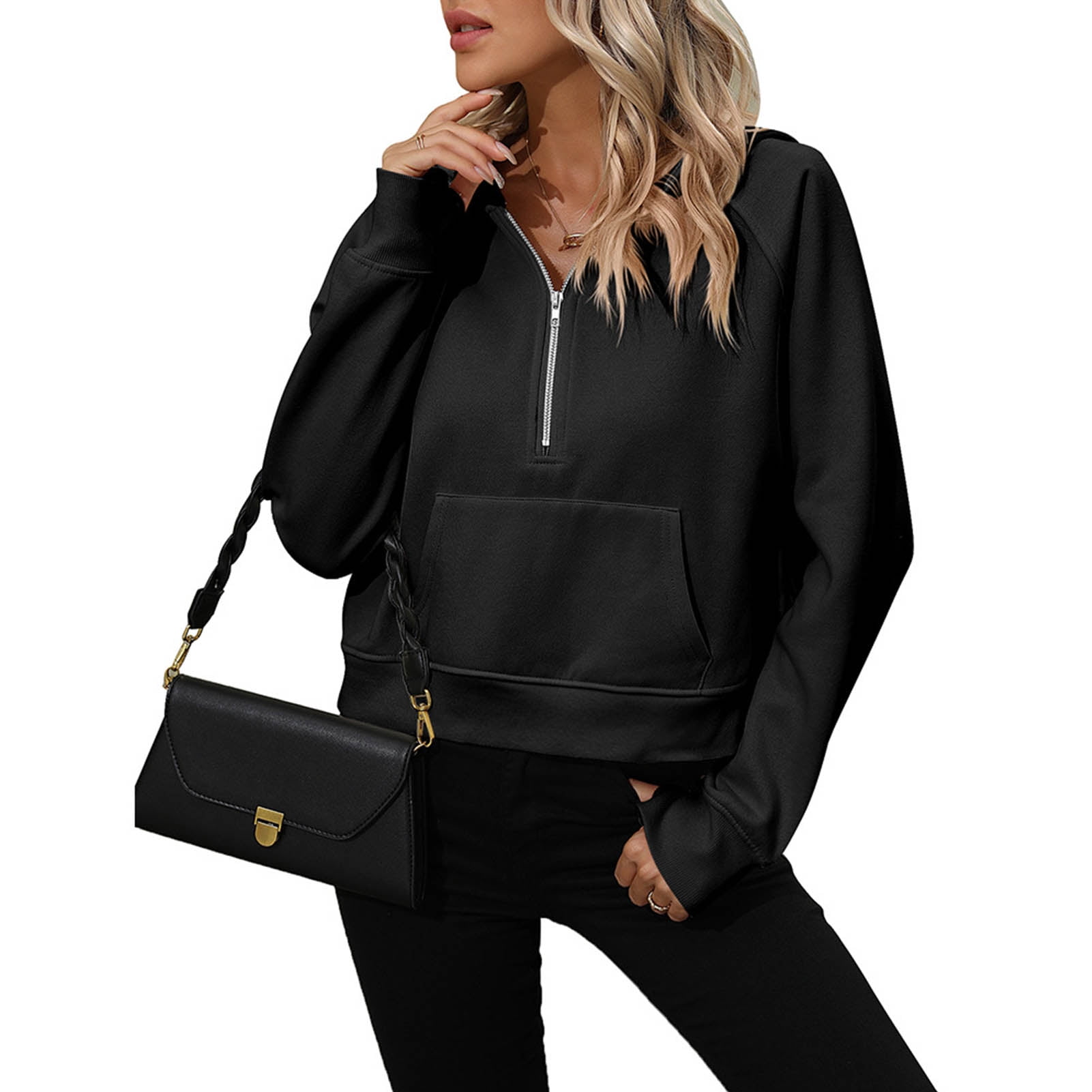 Women Hooded Sweatshirt Long Sleeve Half Zip Loose Fit Pure Color Lady ...
