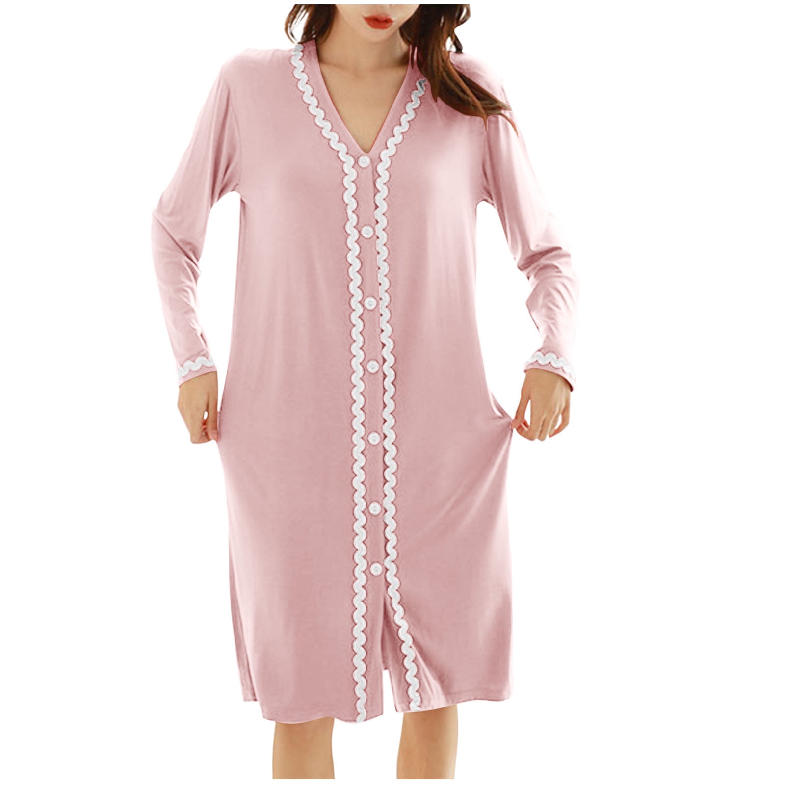 Women Housecoat Lightweight Button Front Robe House Coat Long Sleeve ...