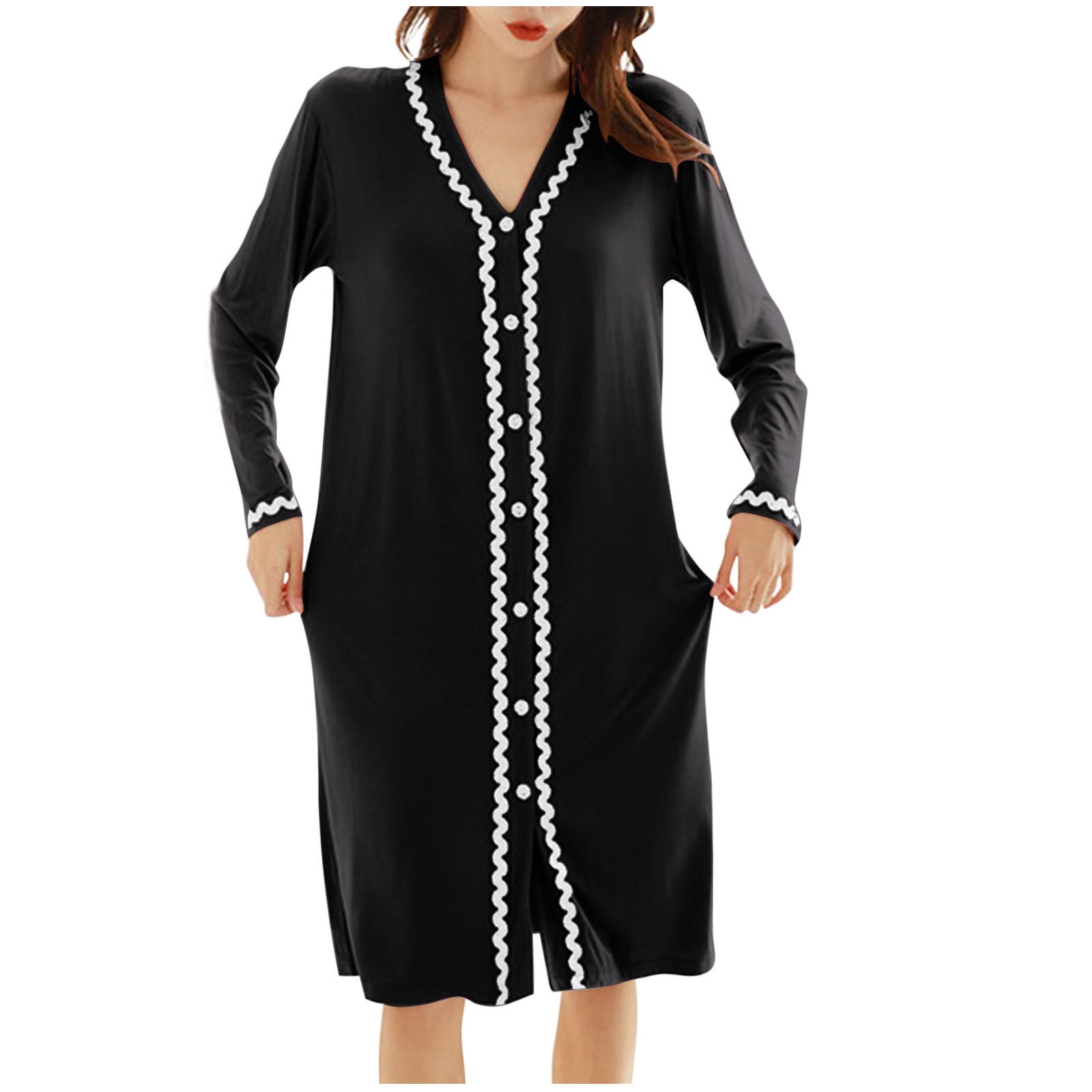 Women Housecoat Lightweight Button Front Robe House Coat Long Sleeve ...