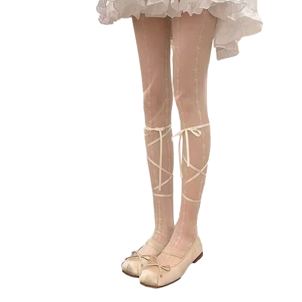 Women JK Ballet Style Stockings Pantyhose Sweet Ribbon Ties Floral ...