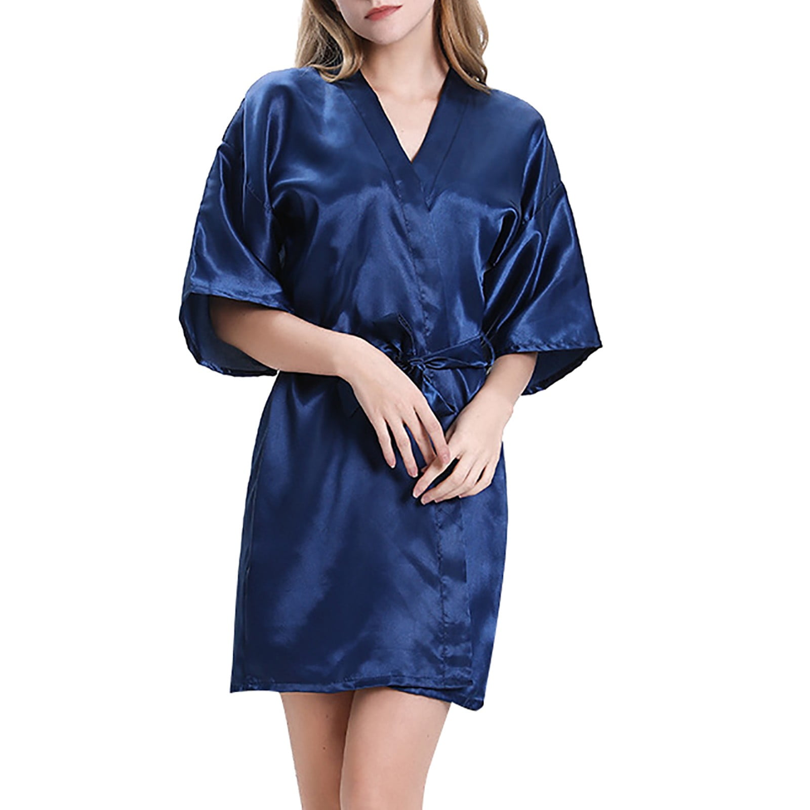 Women Jacket Nightgown Satin Solid Color Bandage Nightgown Bathrobe ...