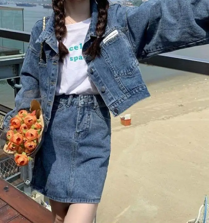 Women Jean Clothes Set ,Denim Jacket + Half Skirt Two-piece Set - blue ...