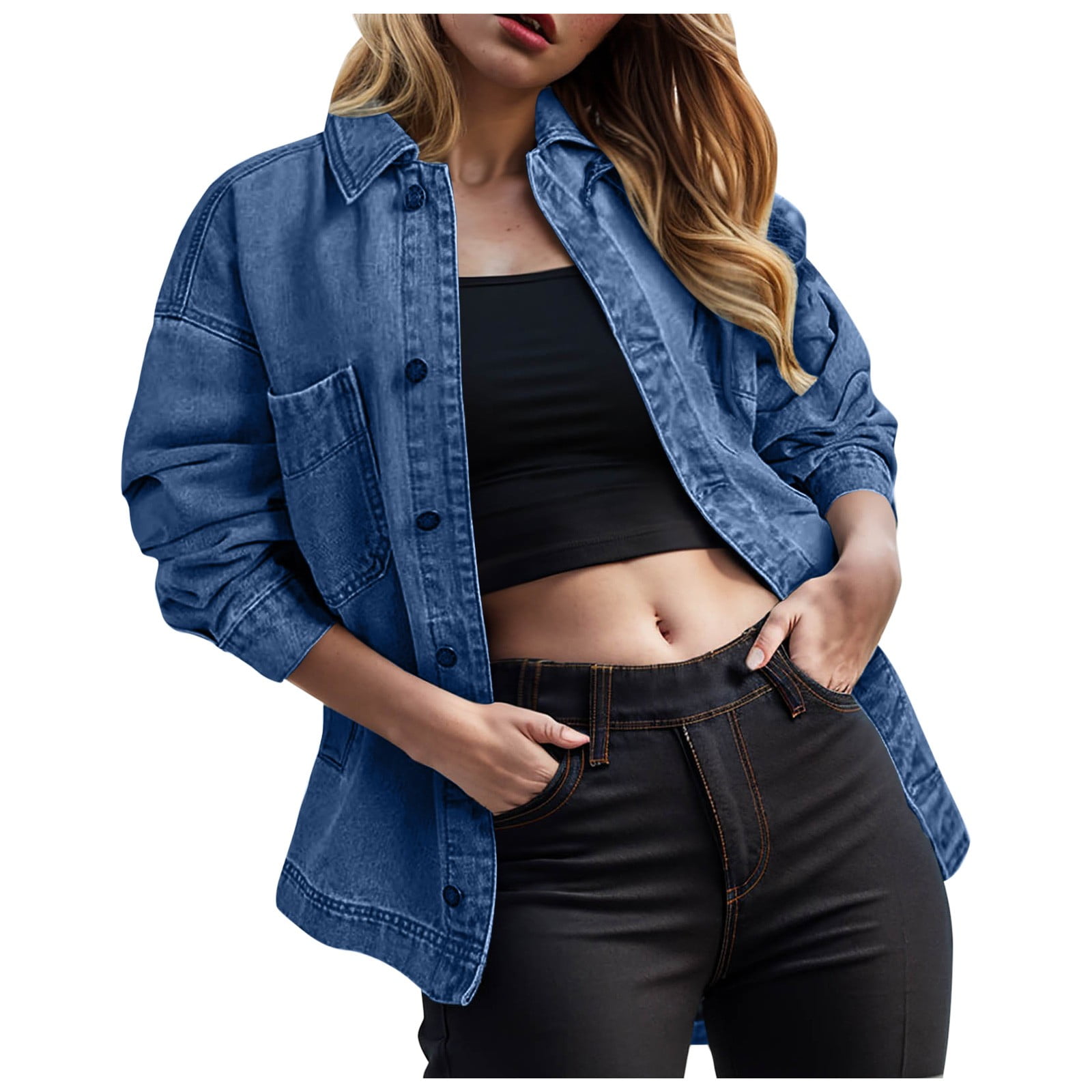 Women Jean Jacket Oversized Boyfriend Button Up Long Sleeve Split Denim ...
