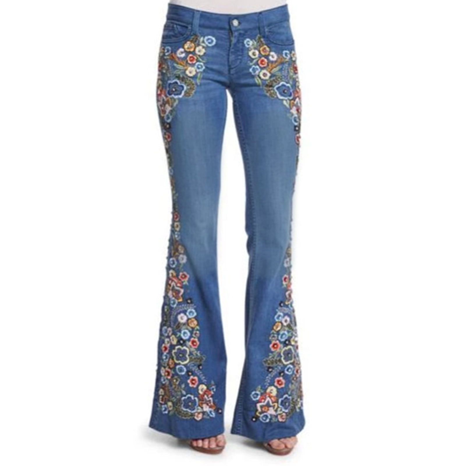 Women's High-Rise Wide Bell Bottom Flare Jeans with Floral Embroidery ...