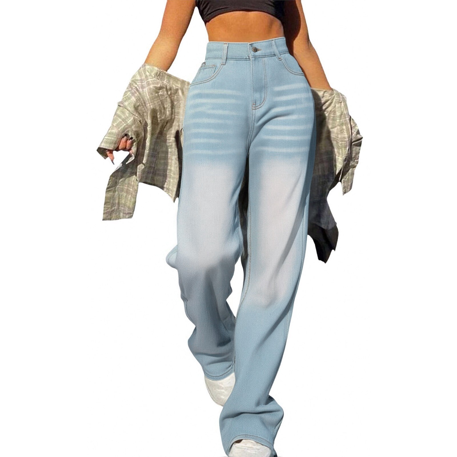 Women Jeans Wide Leg High Waisted Baggy Elastic Waist Stretchy Straight ...