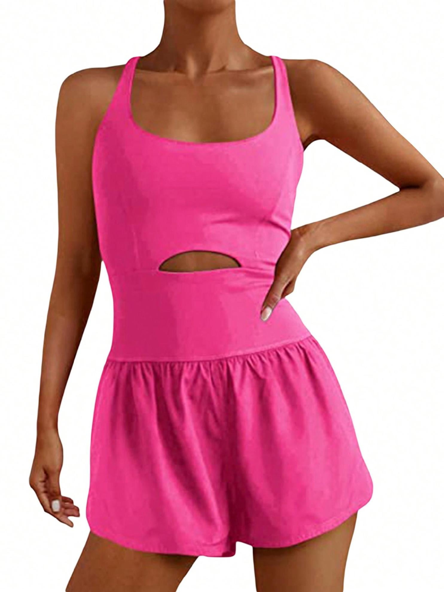 Women Jumpsuits Sleeveless Scoop Neck Solid Short Slight Stretch Pink ...