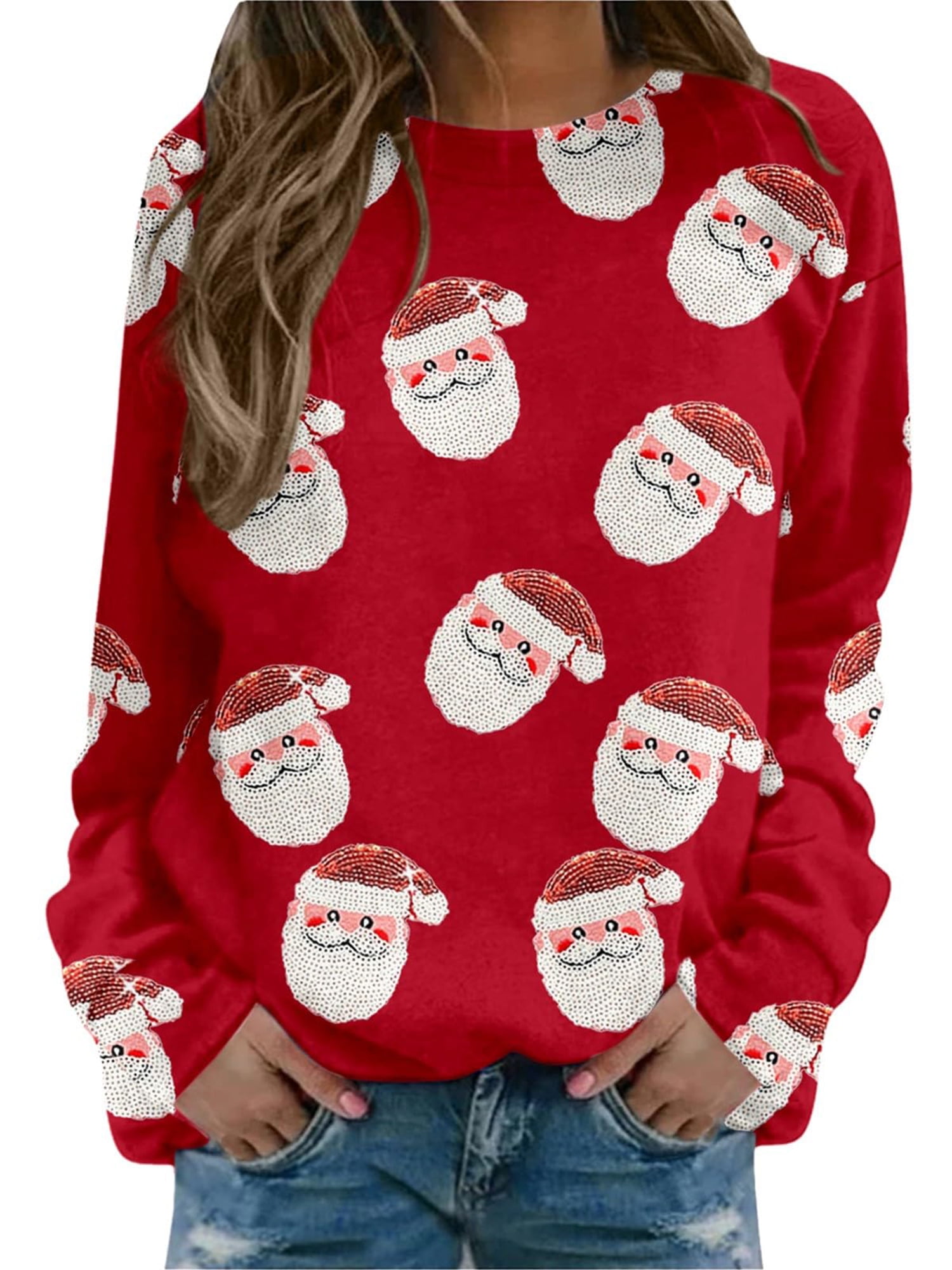 Women Juniors Christmas Sweatshirt Santa Claus Print Long Sleeve ...