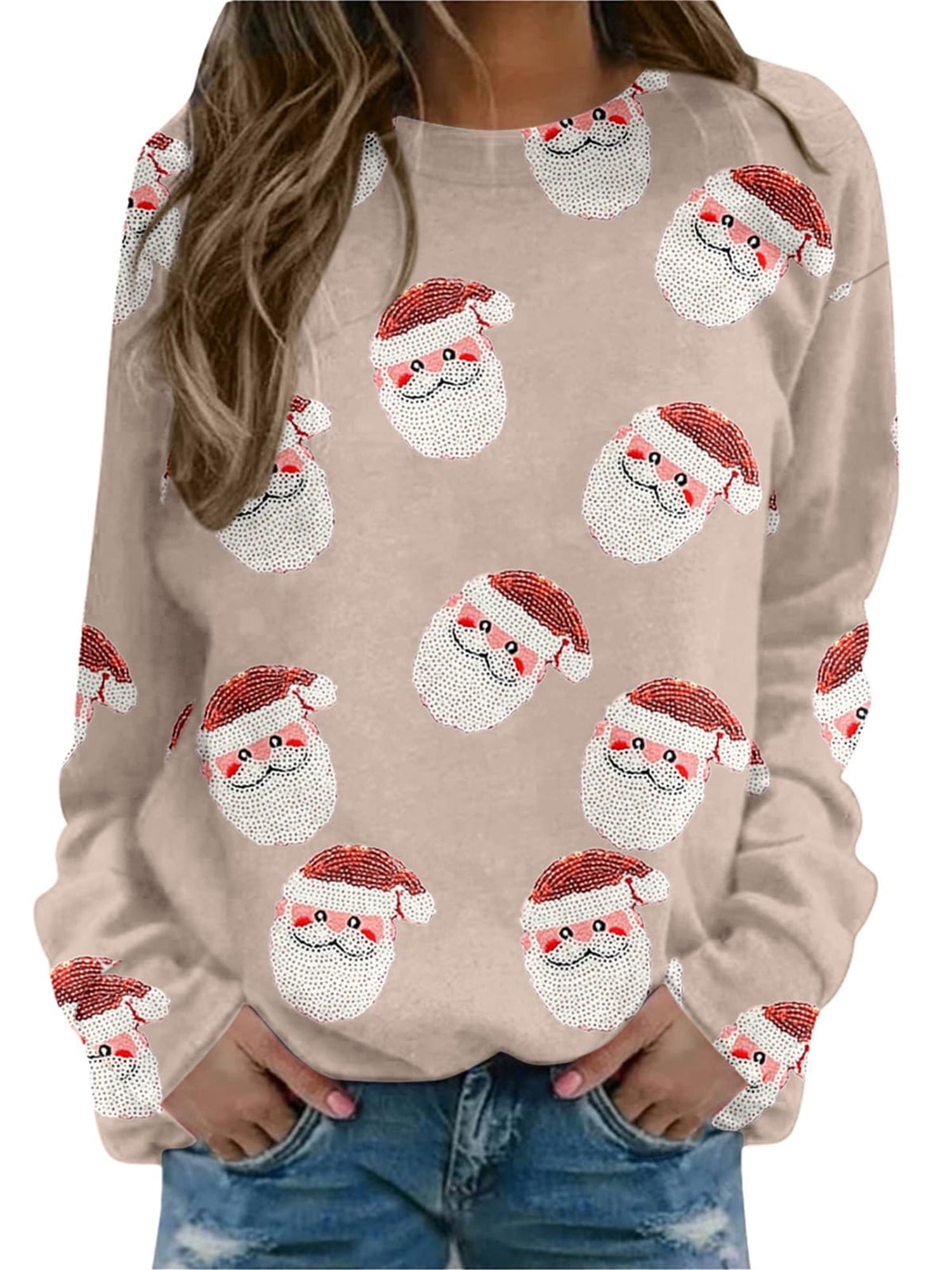 Women Juniors Christmas Sweatshirt Santa Claus Print Long Sleeve ...