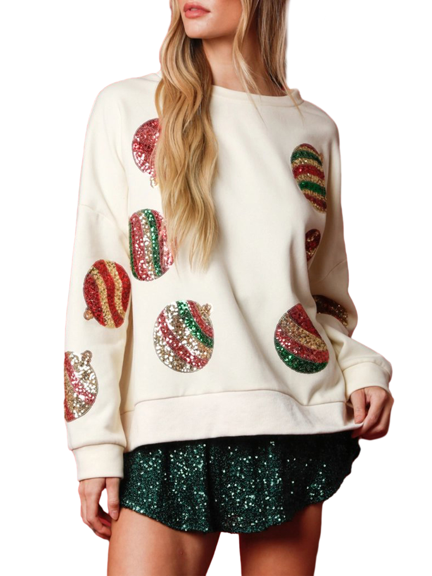 Women Juniors Christmas Sweatshirt Sequined Long Sleeve Pullover Tops Casual Streetwear for Teen ...