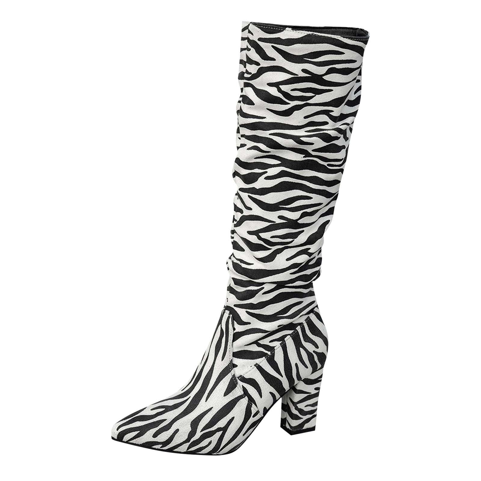 Women Knee High Boots Zebra Print Suede Boots Wrinkled Pointed Toe ...
