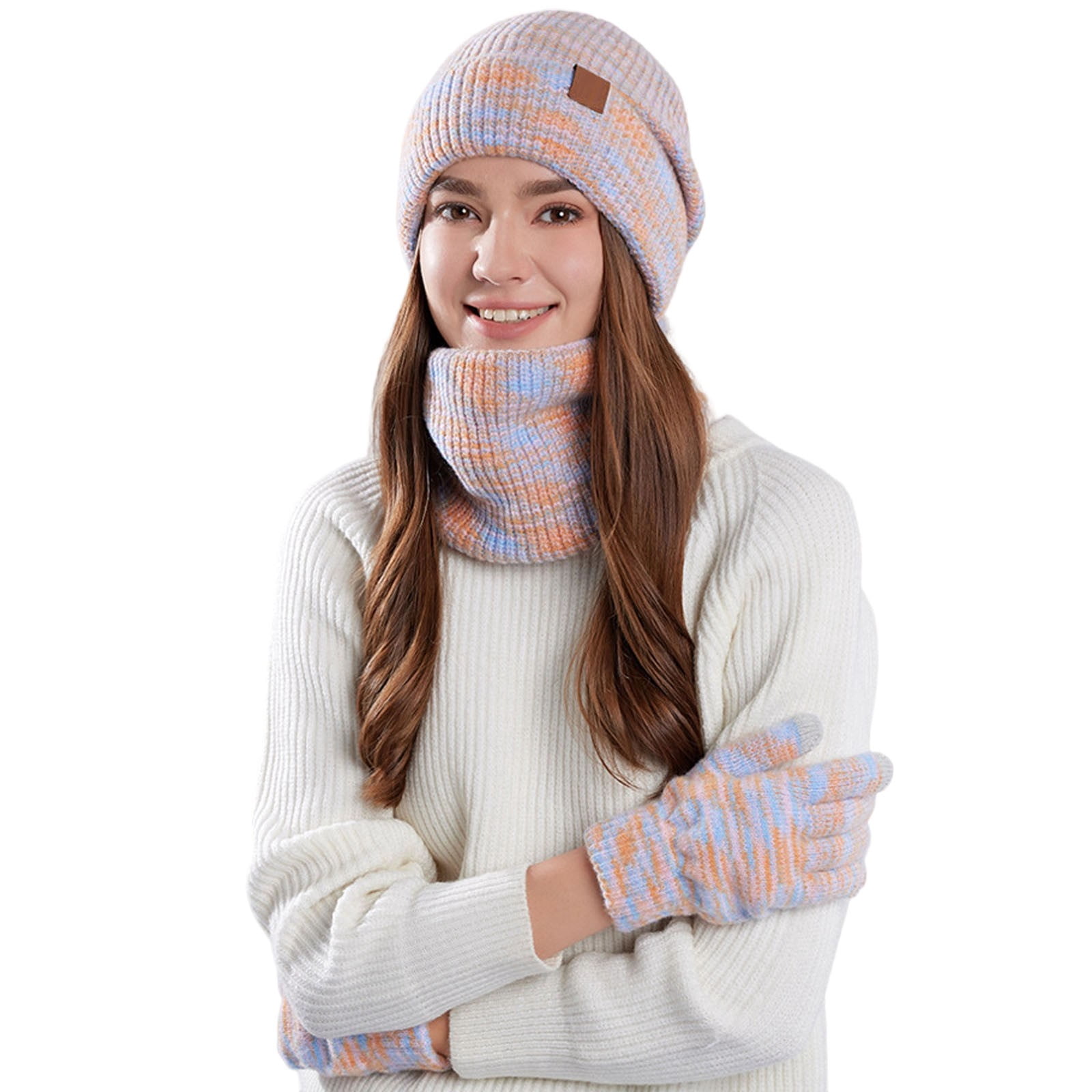 Women Knit Hat Scarf Gloves Set - Plush Beanie Neck Warmer Mittens ...