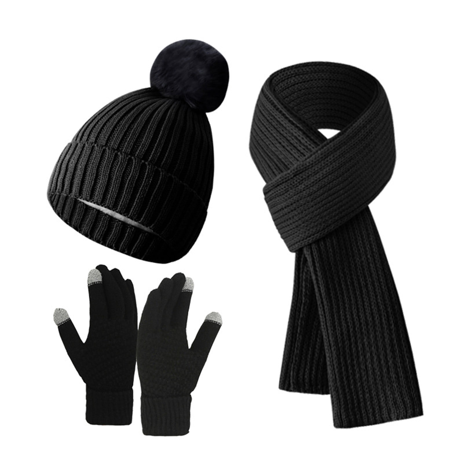 Women Knit Hat Scarf Gloves Set - Plush Thick Beanie Neck Warmer ...