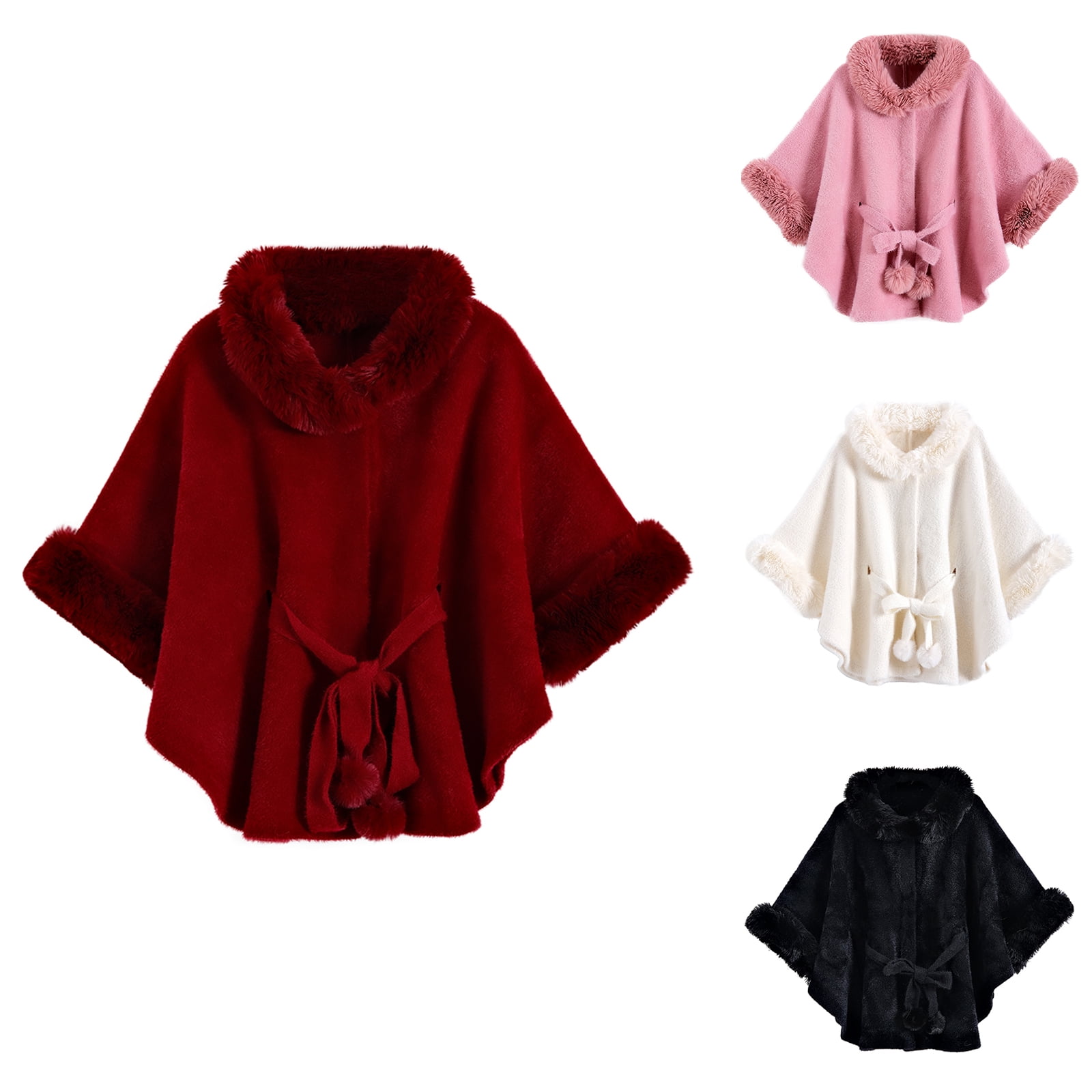 Women Knit Poncho Open Front Shawl Warm Wraps Faux Fur Solid Cape ...