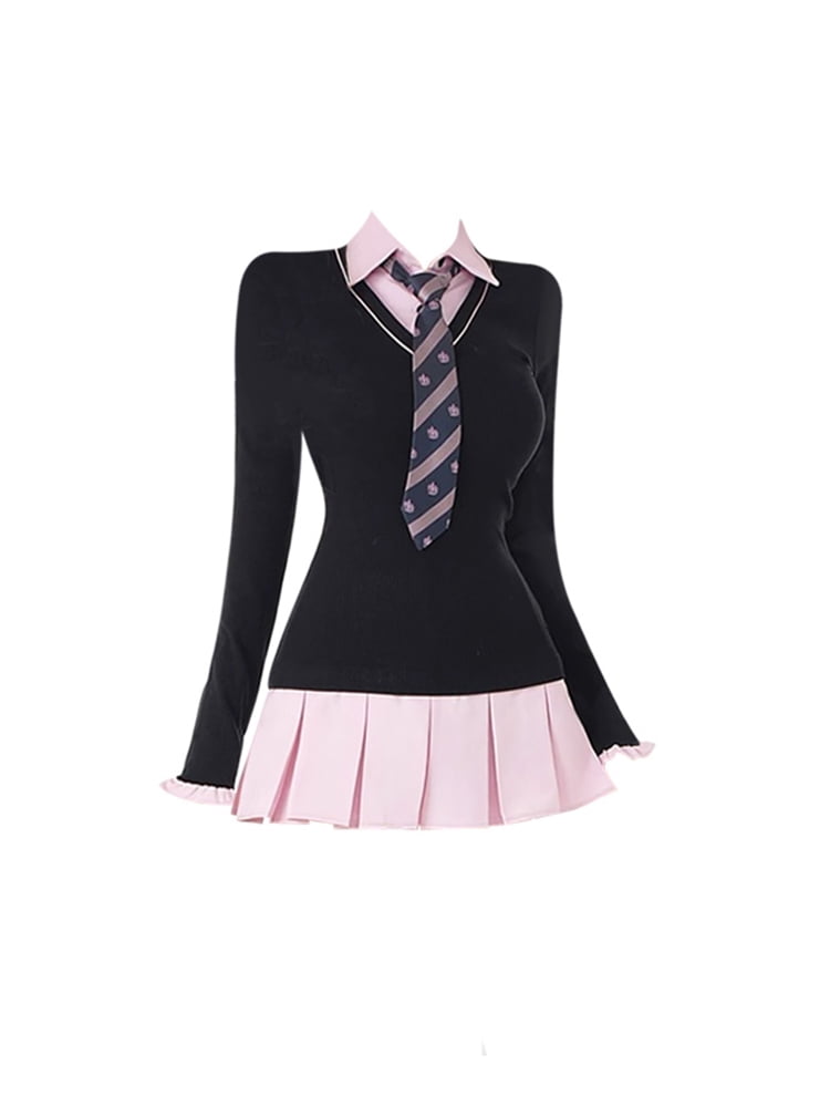 Women Kpop Mini Black Pink Preppy Style Long Sleeve Shirts Dress With ...