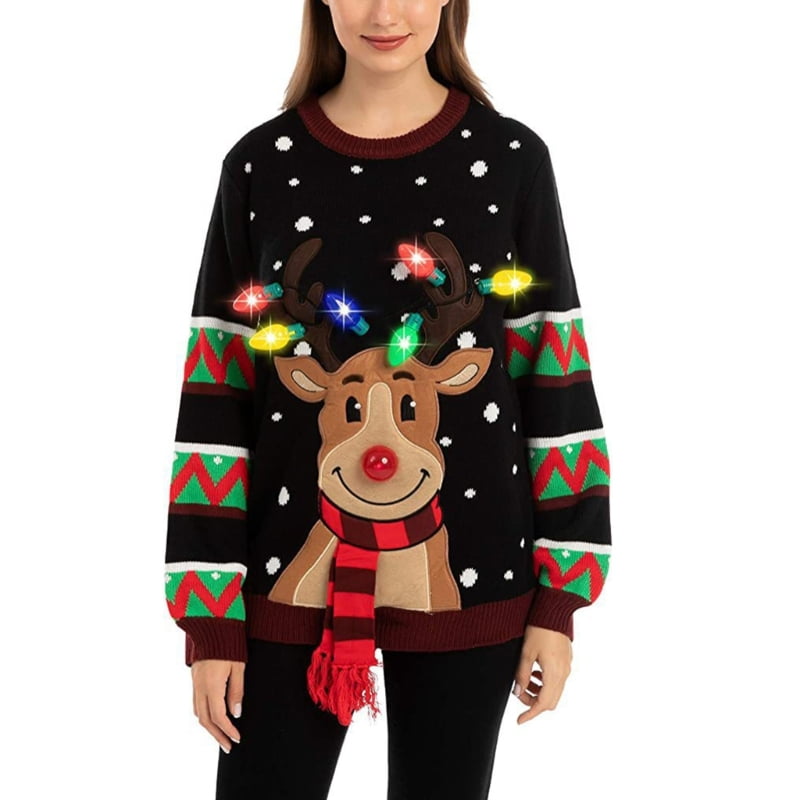 Women LED Light Up Reindeer Christmas Sweater Long Sleeve Crewneck ...