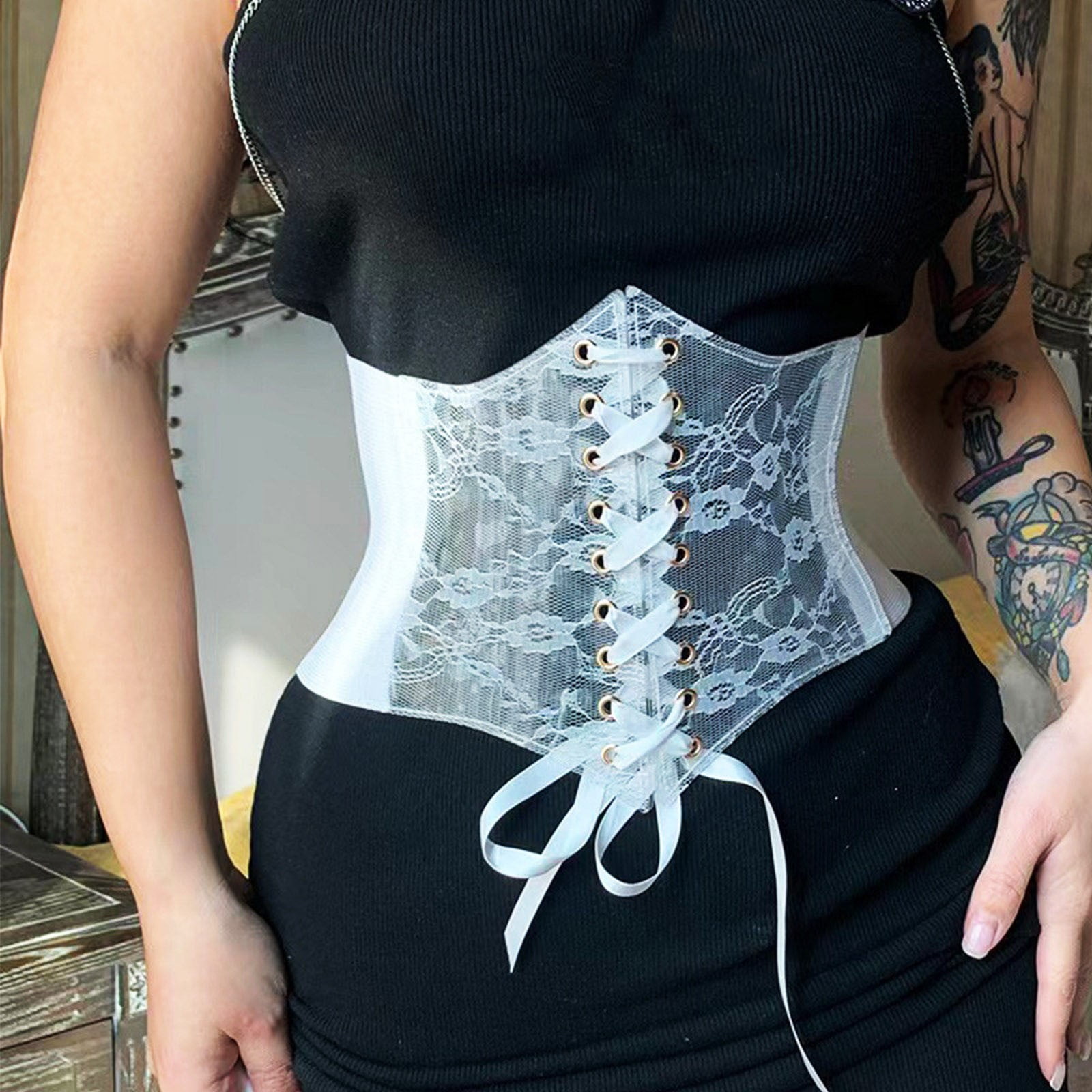 Women Lace Up Corset Waist Belt Transparent Lace Crochet Petal Elastic ...