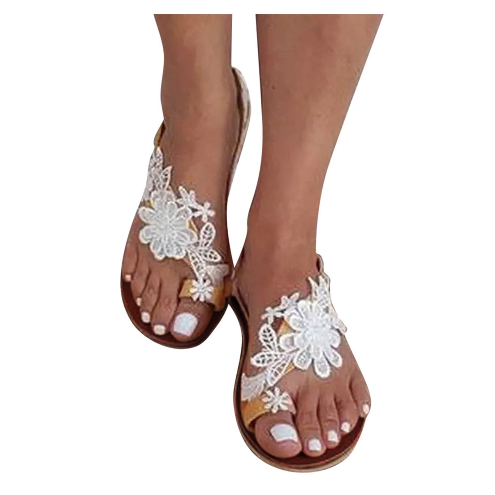 Women Lace Sandals, White Flower Flat Sandals, Boho Sandals, Beach ...