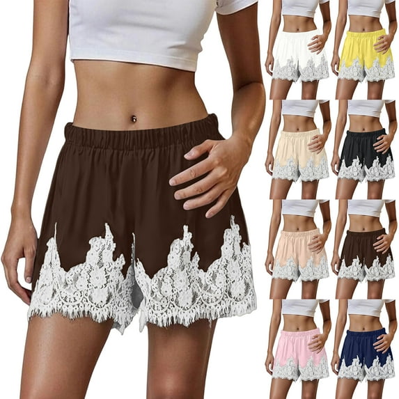 Women Lace Trim Satin Shorts Elastic Waist Lace Patchwork Silk French ...