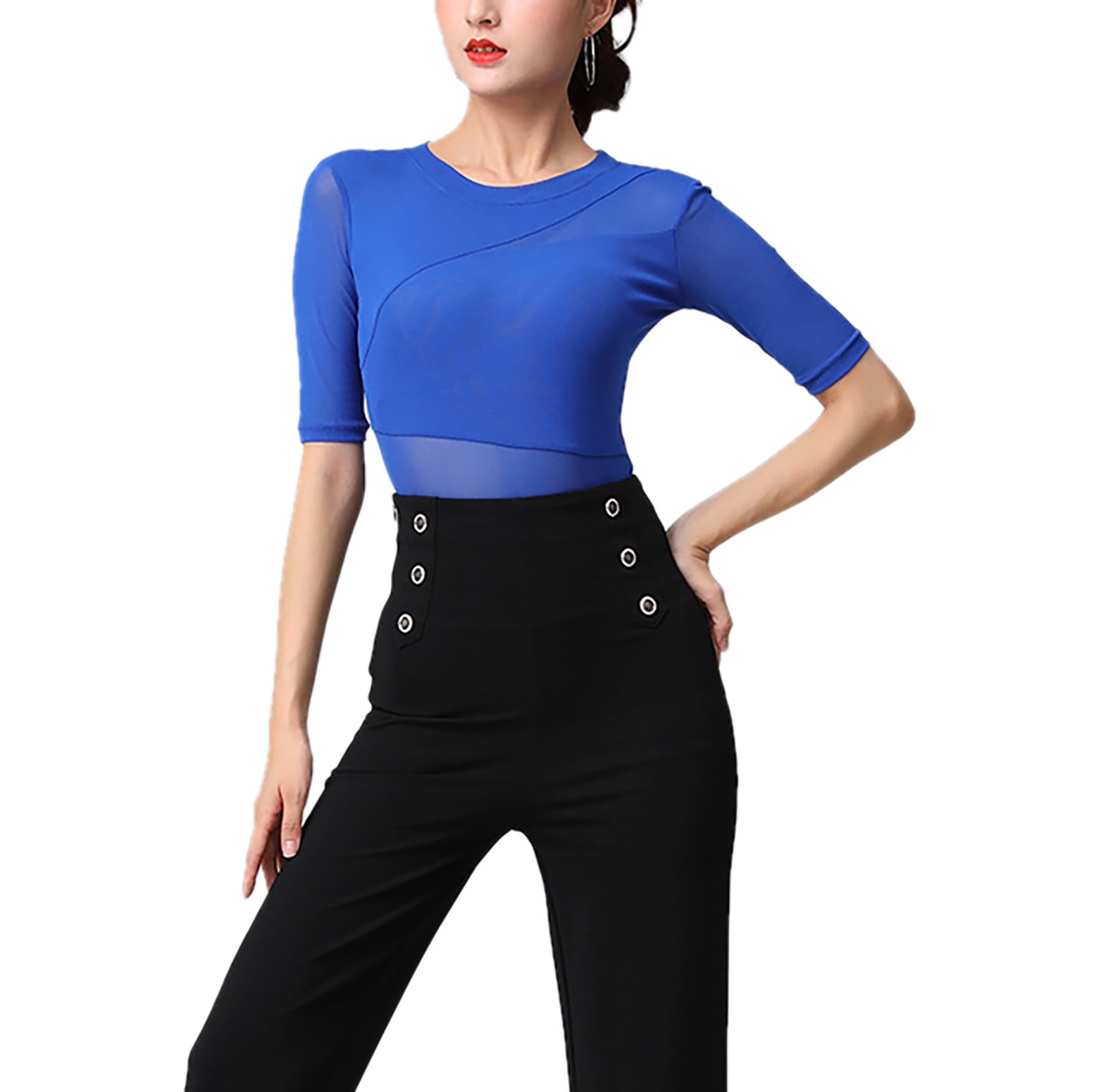Women Ladies Elbow Length Sleeve Mesh Insert Pole Argentine Tango Cha ...