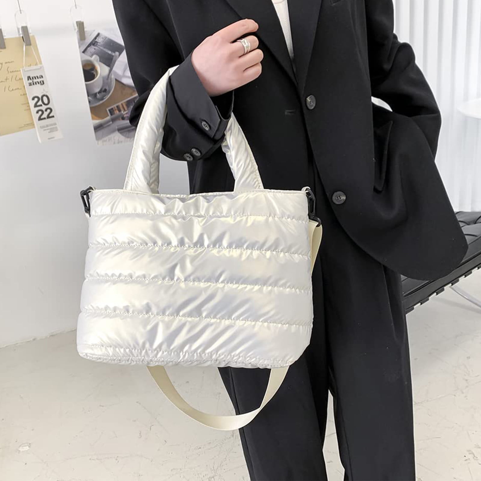 Women Large Quilted Puffer Tote Bag Soft Padded Down Winter Handbag ...