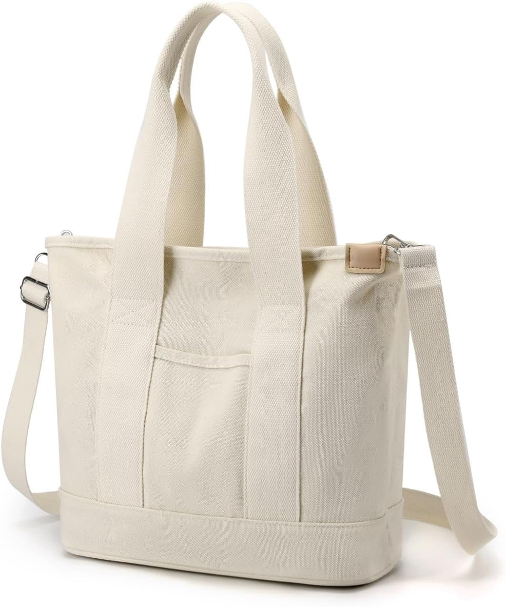 Women Large Zipper Canvas Tote Bag with Pockets, Heavy Duty Crossbody ...