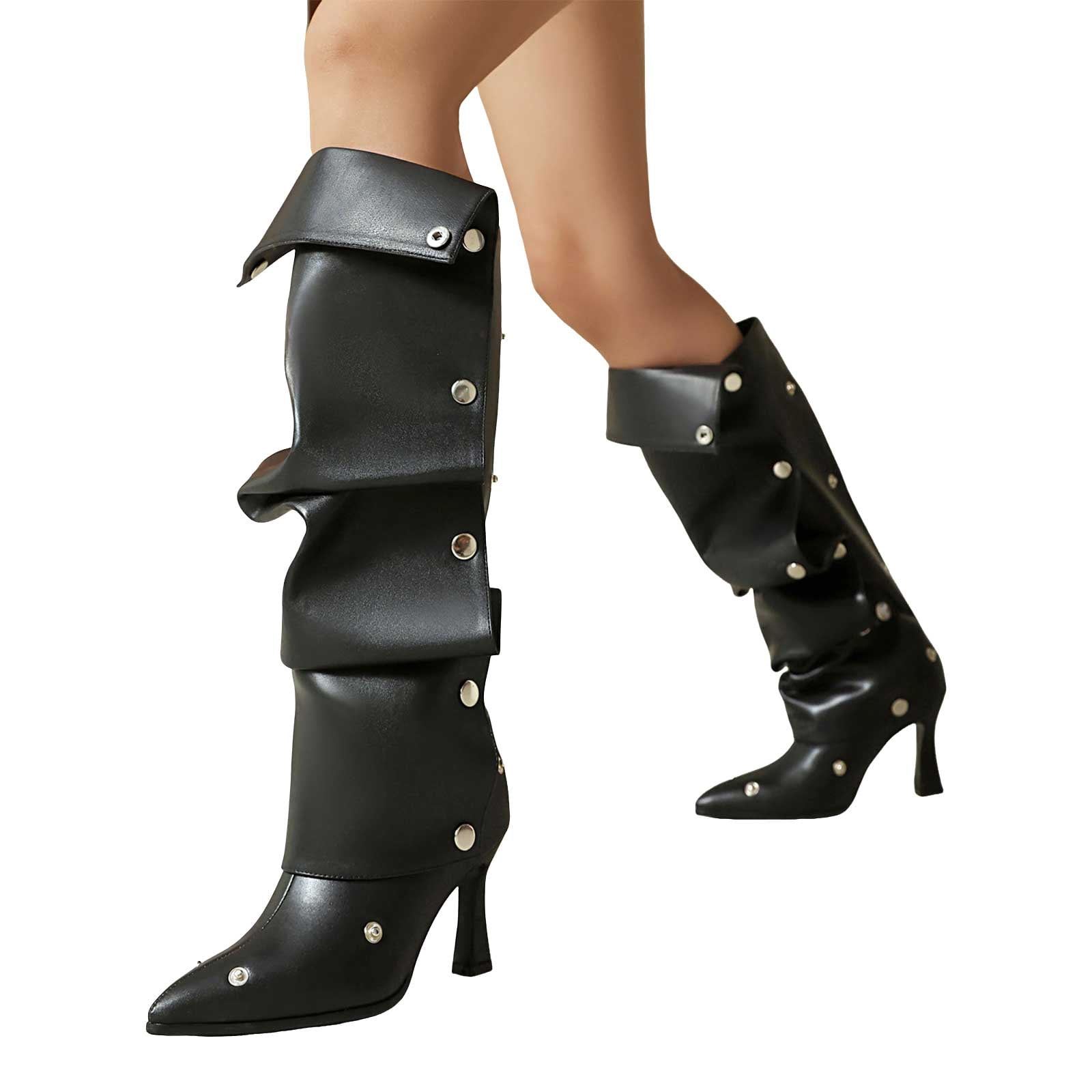 Women'Leather Knee High Boots Kitten High Heel Pointed Toe Wide Calf ...