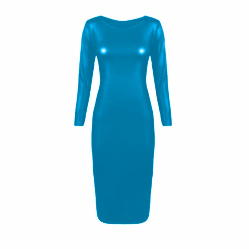Women Leather PVC Sexy Slim Dress Party Club Midi Dress Long Sleeve ...