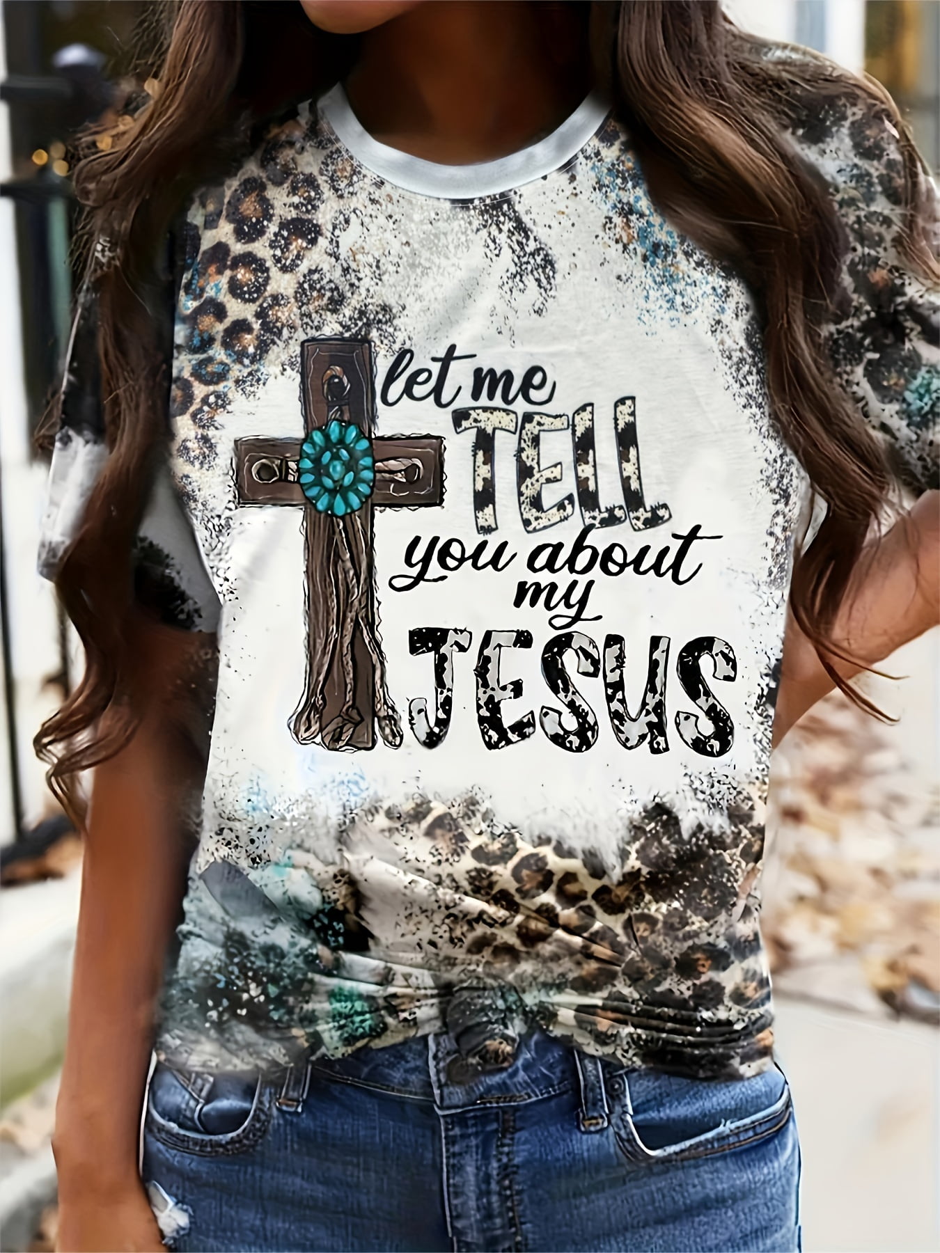 Women Leopard & Letter Print T-shirt Short Sleeve Tops Casual Crew Neck ...