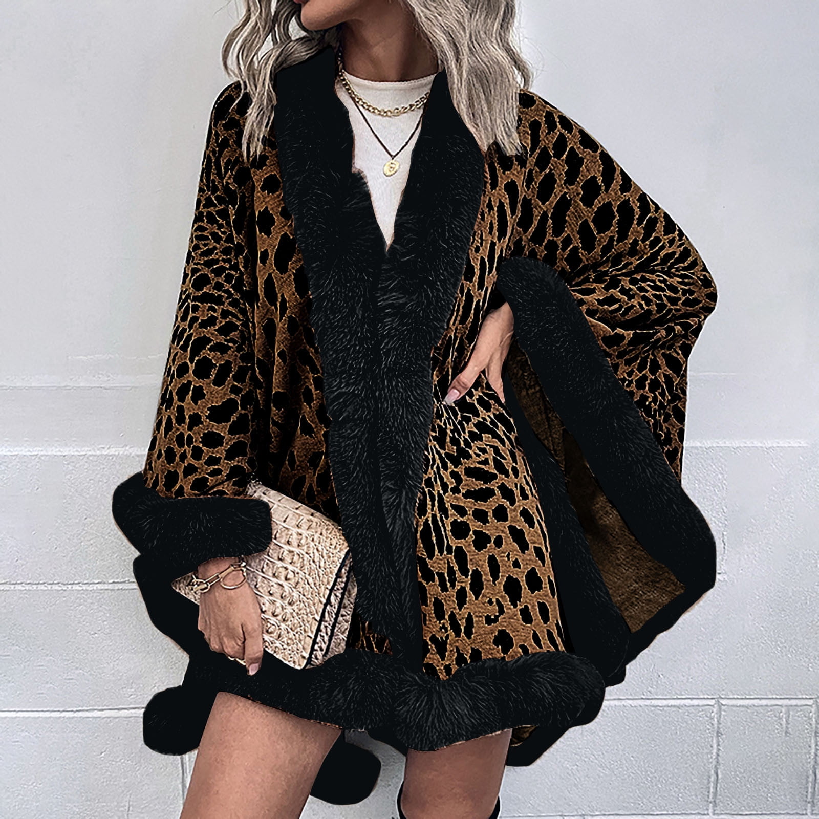 Women Leopard Print Knit Shawl Cardigans Open Front Faux Fur Trim ...