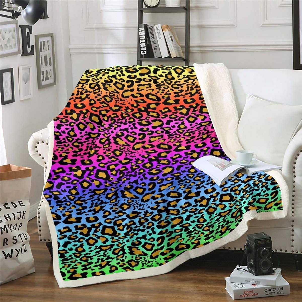 Women Leopard Print Plush Blanket Chic Rainbow Cheetah Print Fleece ...