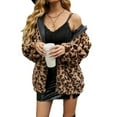 Women Leopard Print Zip Up Faux Fur Hooded Jacket Fuzzy Coat with ...