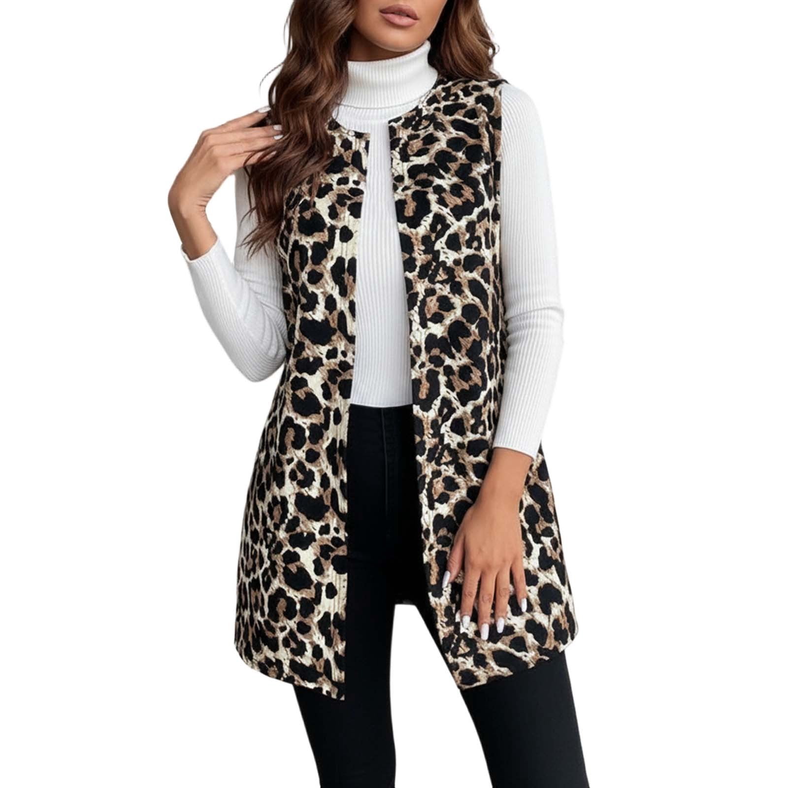 Women Leopard Quilted Vest Stand Collar Puffer Vests Sleeveless Padded ...