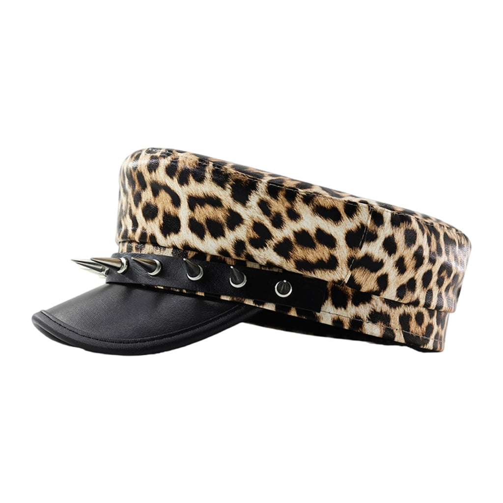 Women Leopards Print Militaries Hat Adjustable Stylish Hat Rivets ...