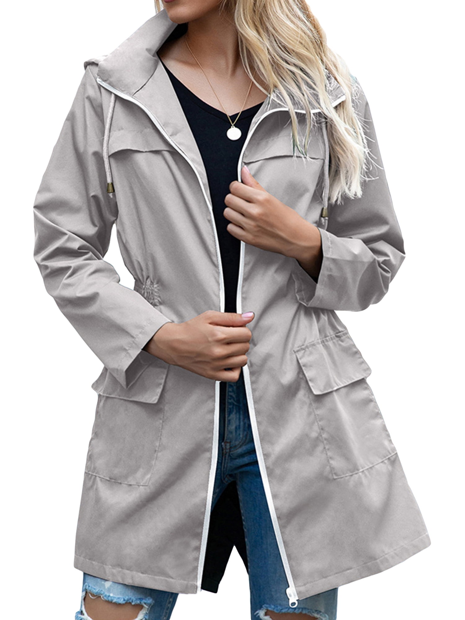 Women Light Rain Jacket Waterproof Outdoor Trench Raincoat with Hood ...