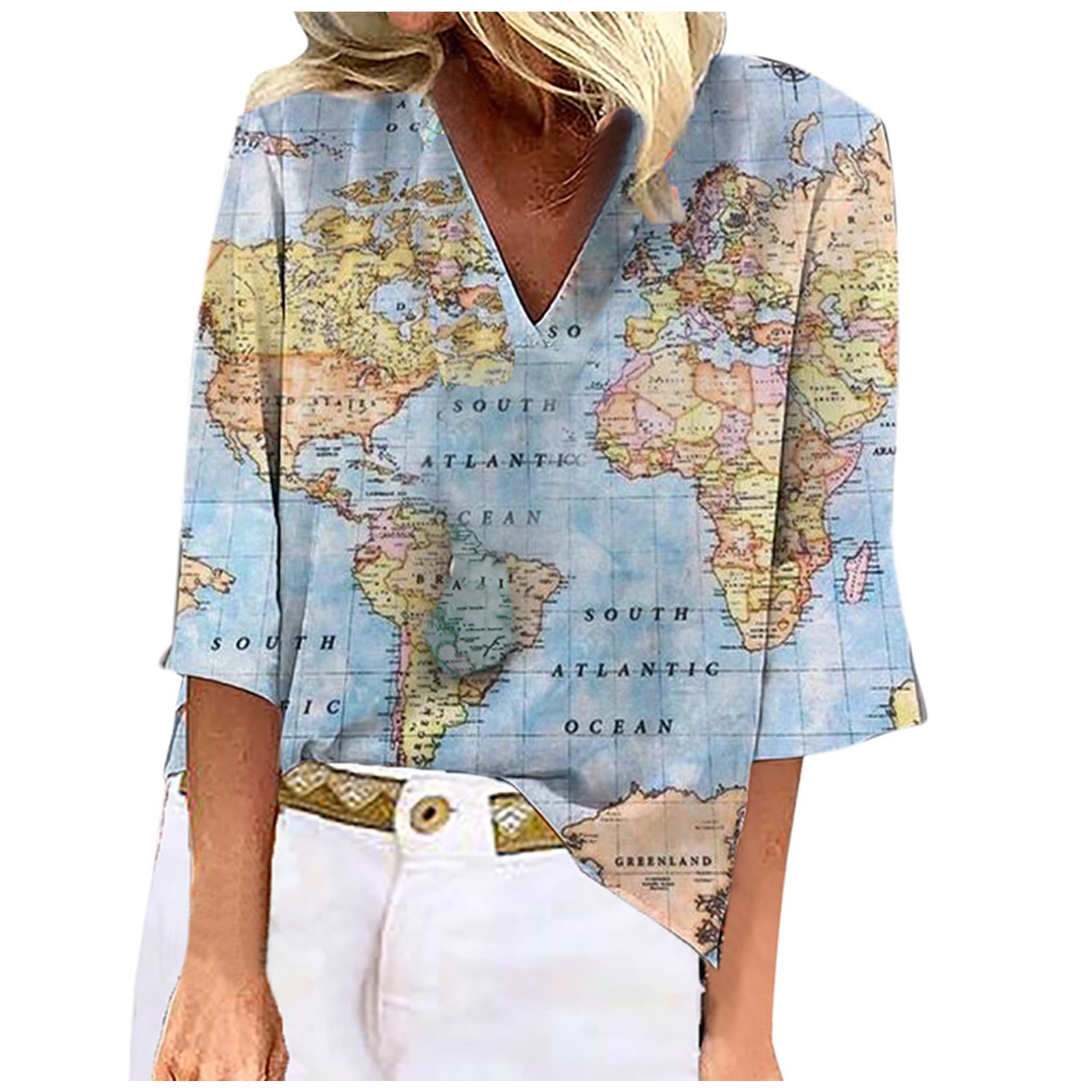 Women Lightweight Tops Lapel Button Shirt World Map Print Half Sleeve ...
