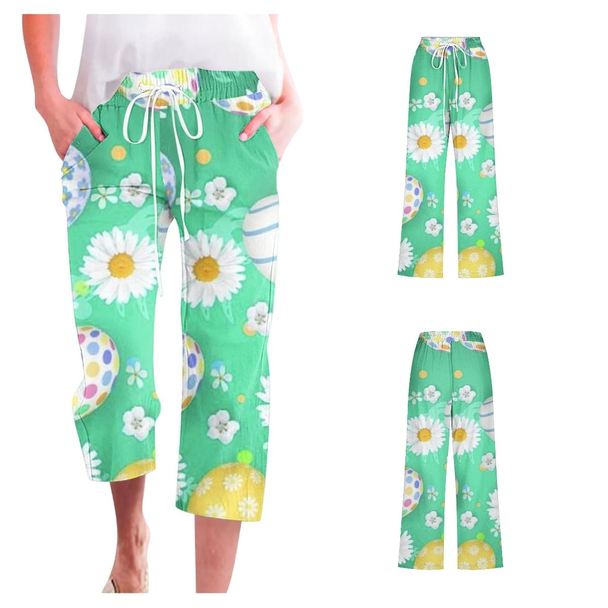 Women Linen Blend Capri Pants Happy Easter Day Eggs Print Drawstring ...