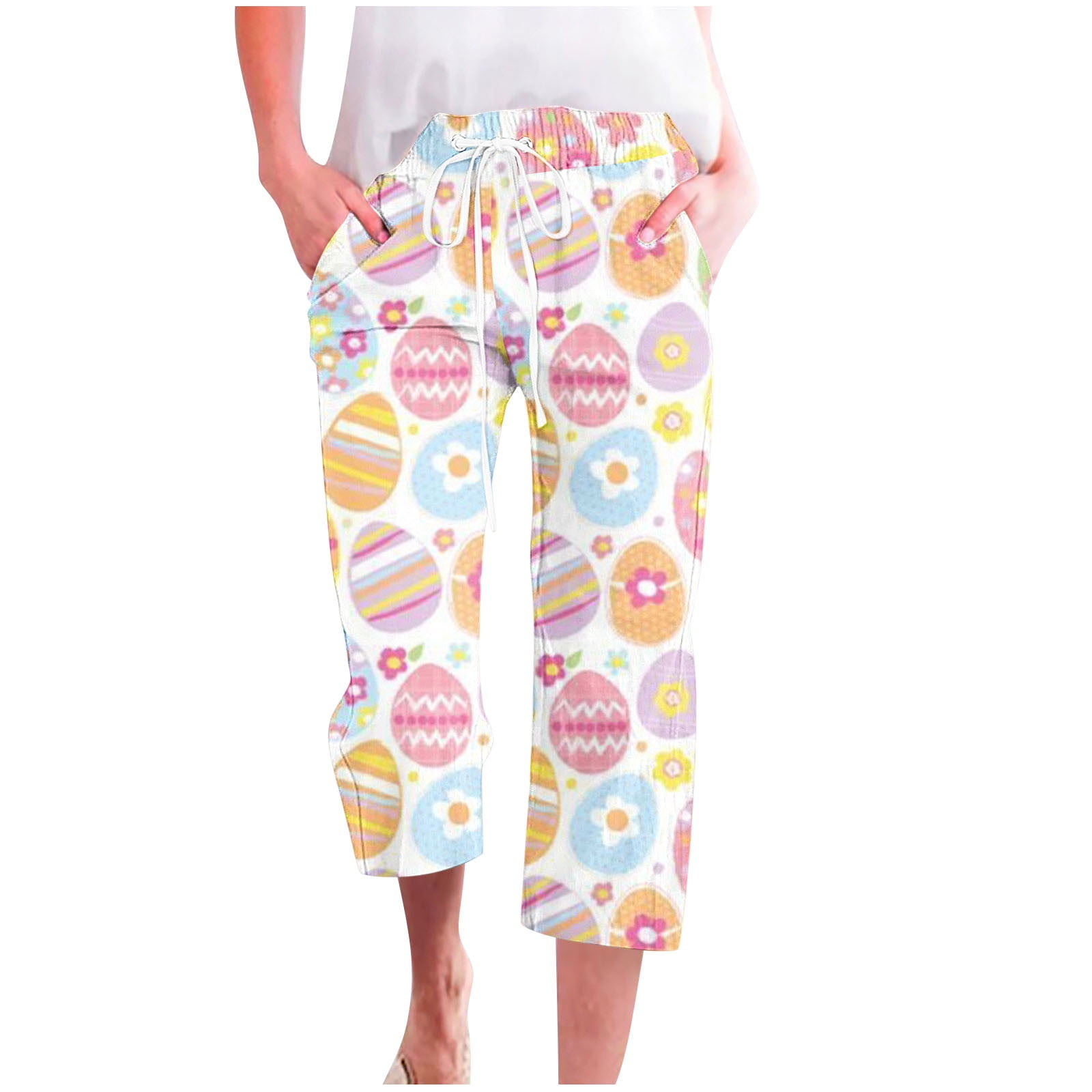 Women Linen Blend Capri Pants Happy Easter Day Eggs Print Drawstring ...