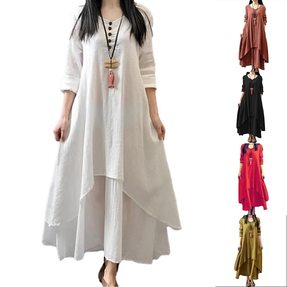 Women Linen Dresse Layering Vintage Robe Loose Long Dress Oversize ...