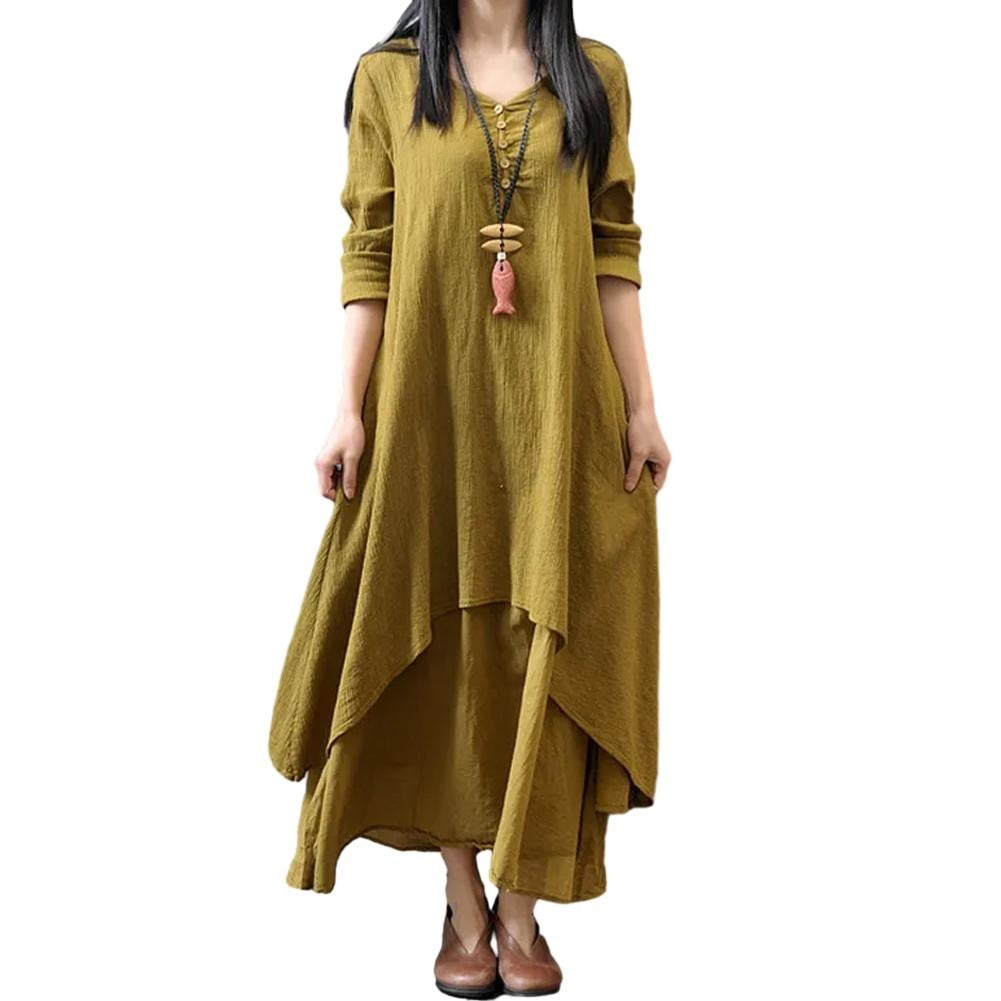 Women Linen Dresse Layering Vintage Robe Loose Long Dress Oversize ...