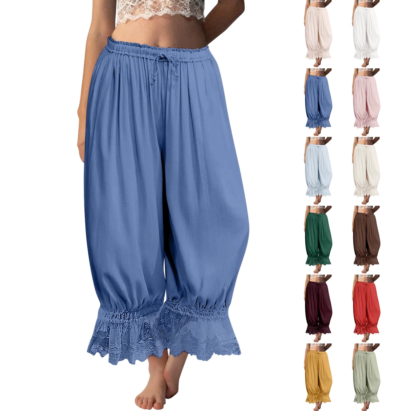 Women Linen Lace Trim Long Bloomers Pants Ruffle Victorian Vintage ...