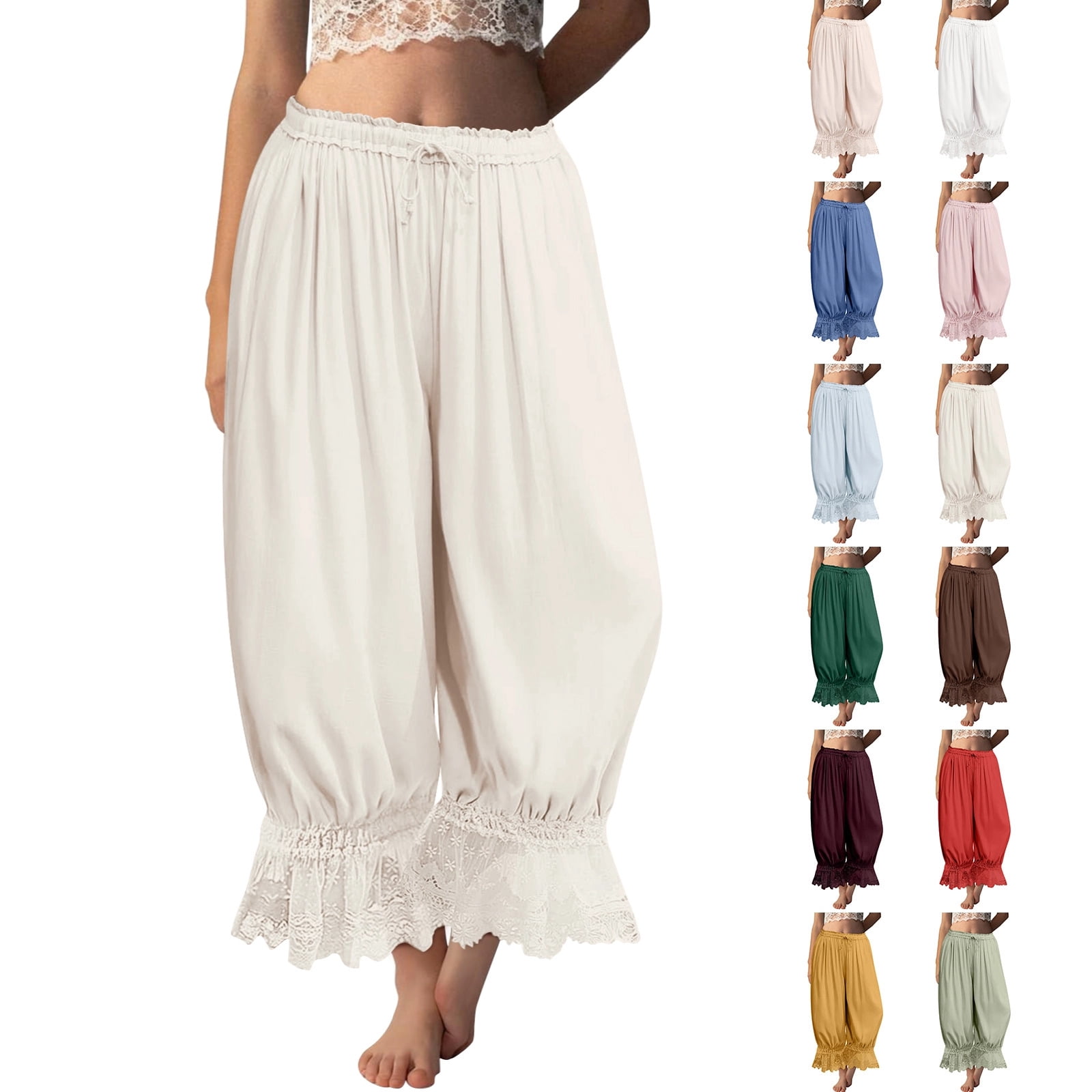 Women Linen Lace Trim Long Bloomers Pants Ruffle Victorian Vintage ...