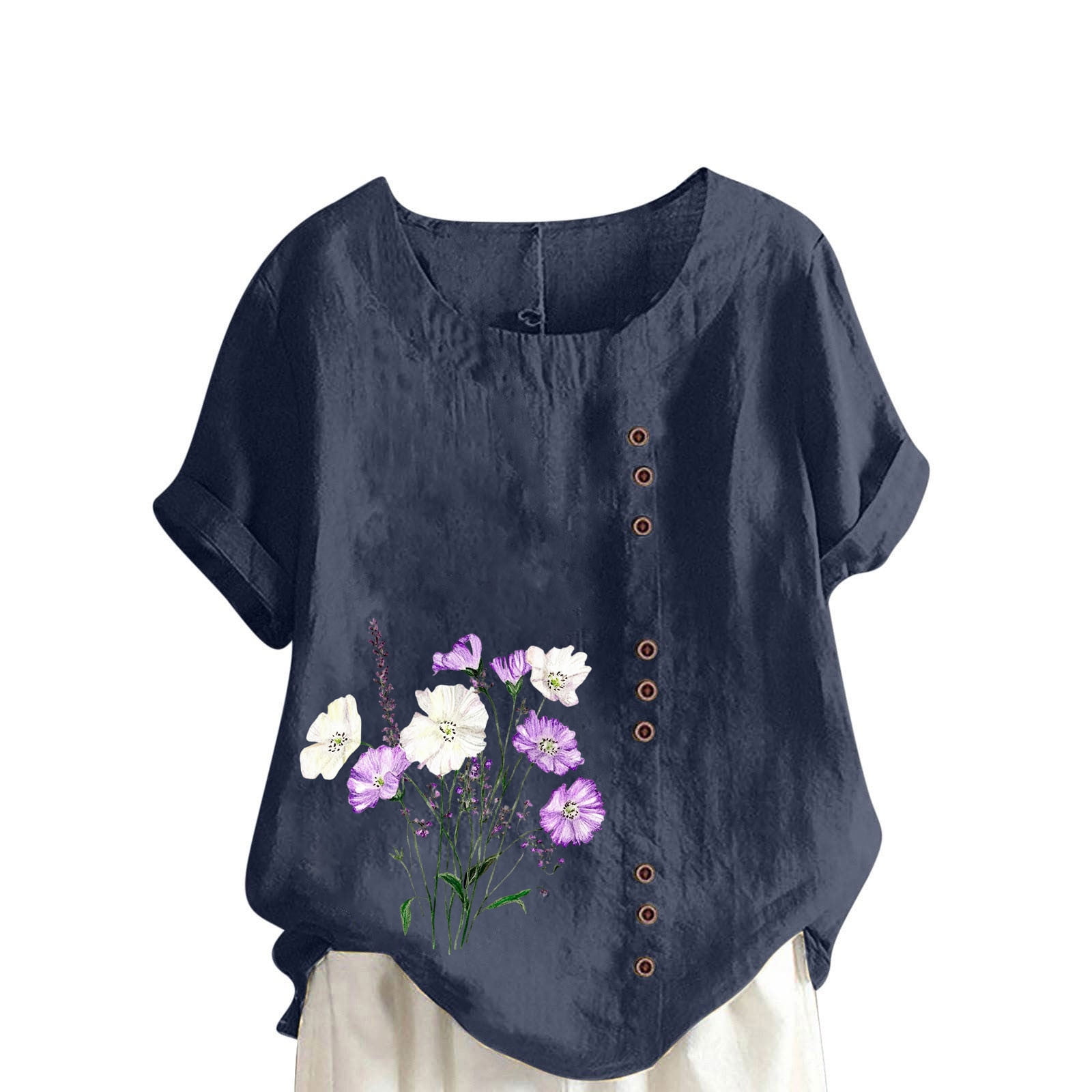 Women Linen Loose Fit Tshirt Trendy 2025 Floral Printing Button Blouse ...