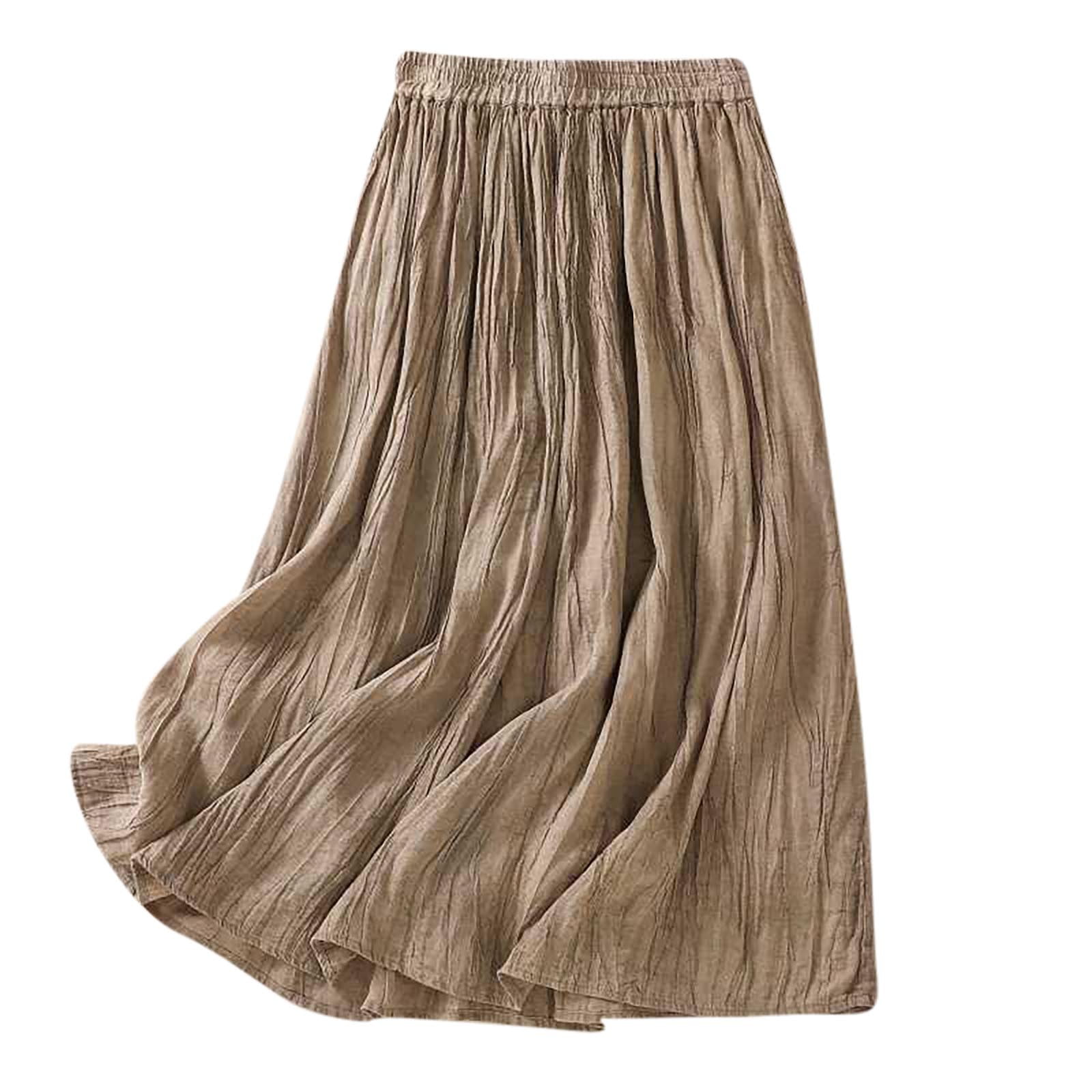 Women Linen Mid Calf Skirt Summer Cool Flowy Midi Skirt Elastic Waist ...