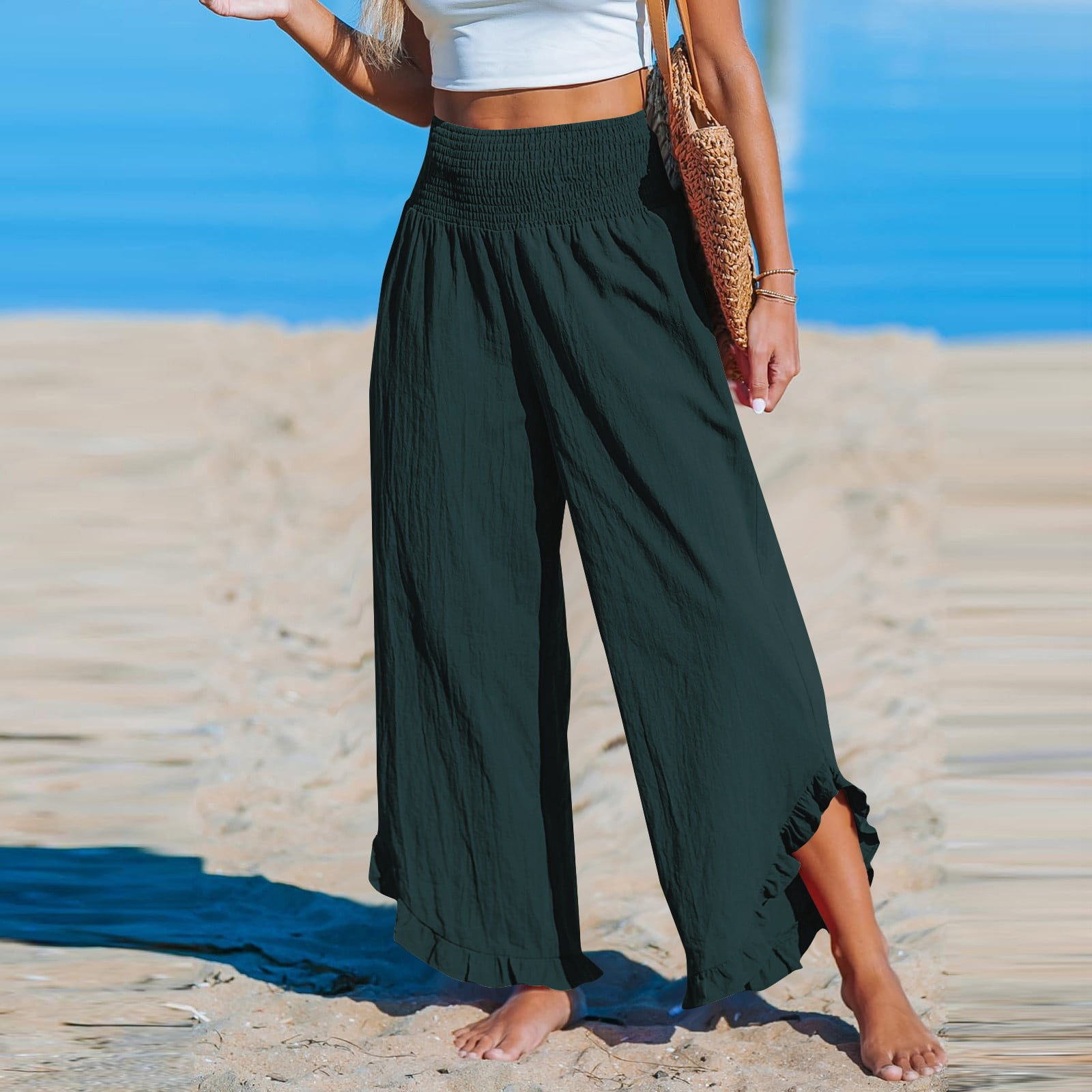 Women Linen Palazzo Pants Summer Boho Wide Leg High Waist Casual Lounge