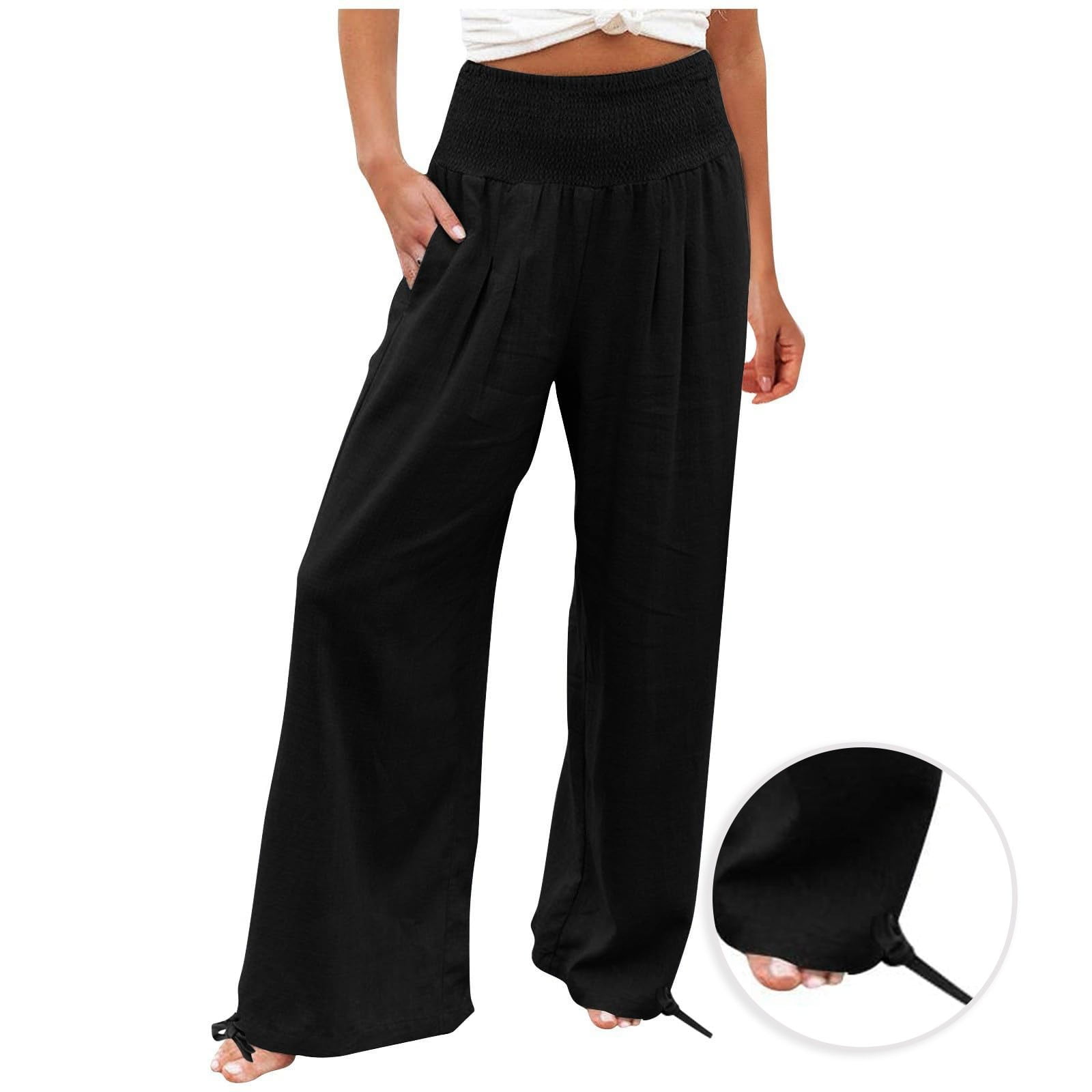 Women Linen Palazzo Pants Summer Boho Wide Leg High Waist Casual Lounge