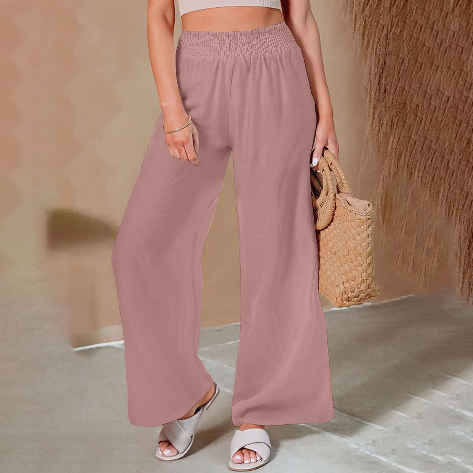 Women Linen Palazzo Pants Summer Boho Wide Leg High Waist Casual Lounge