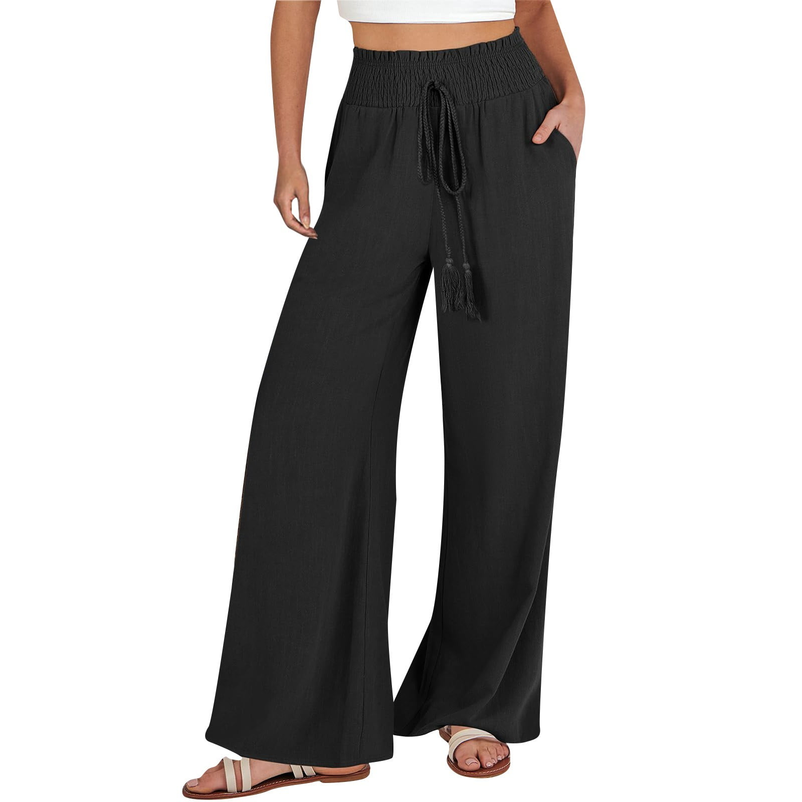 Women Linen Palazzo Pants Summer Boho Wide Leg High Waist Casual Lounge